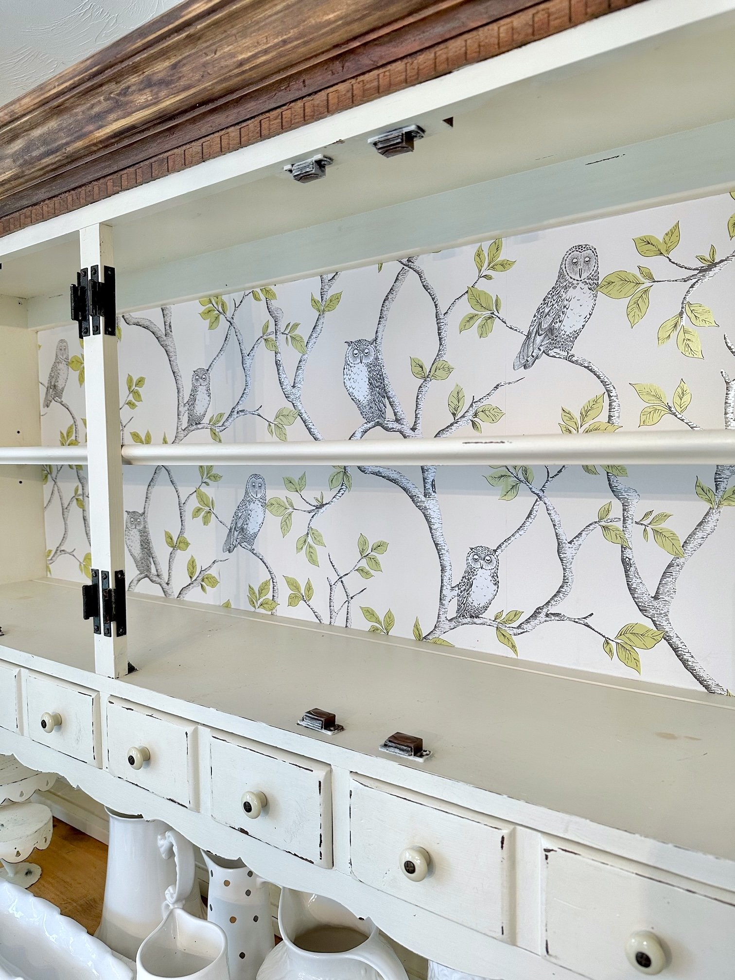 Quick and Easy China Cabinet Makeover Using Wallpaper - Celebrated Nest
